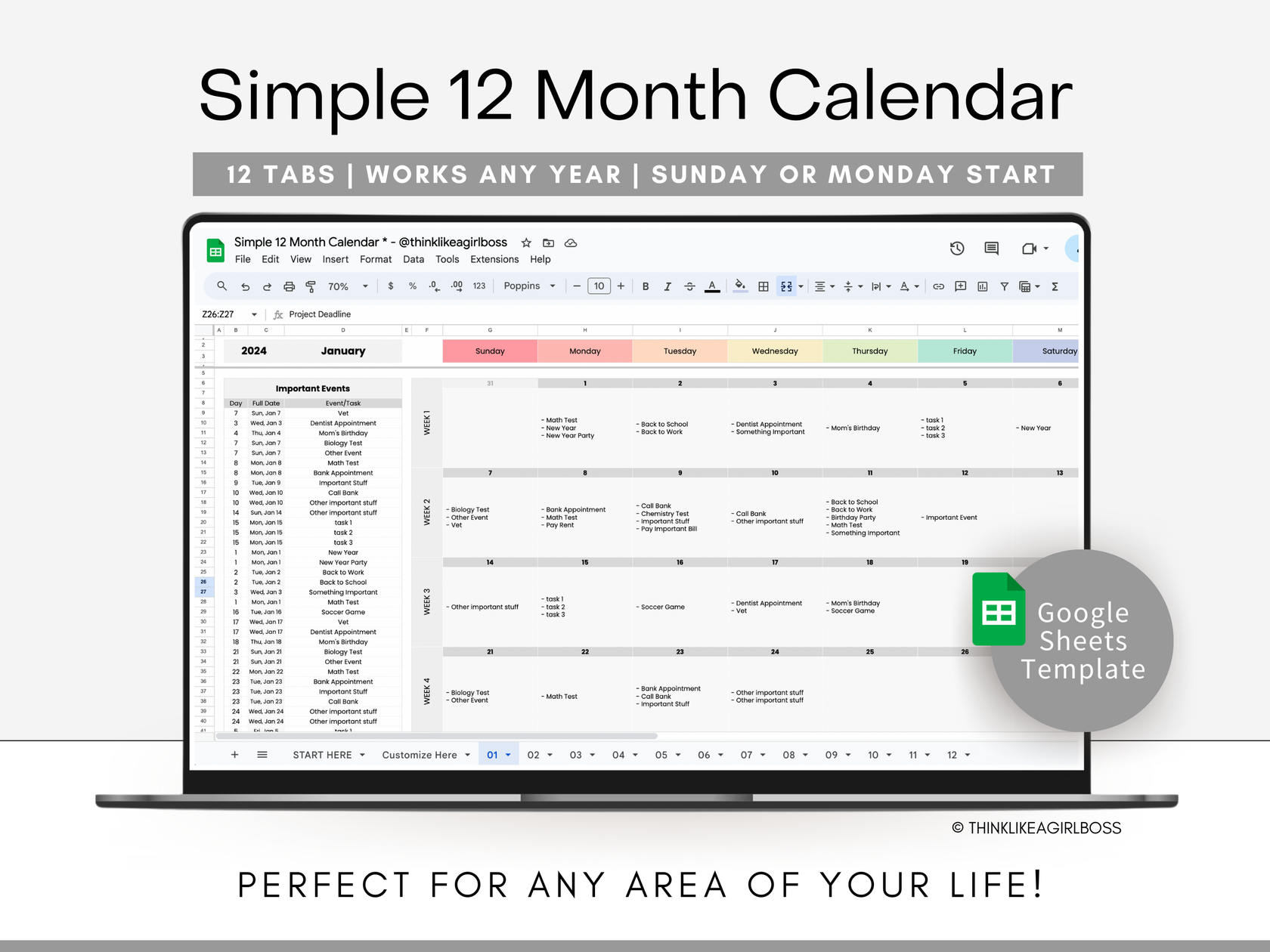 Simple 12 Month Calendar - V1 Rainbow – Think Like A Girl Boss