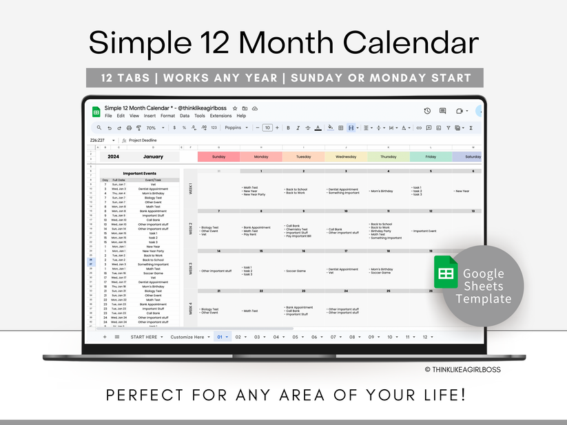 Simple 12 Month Calendar - V1 Rainbow – Think Like A Girl Boss