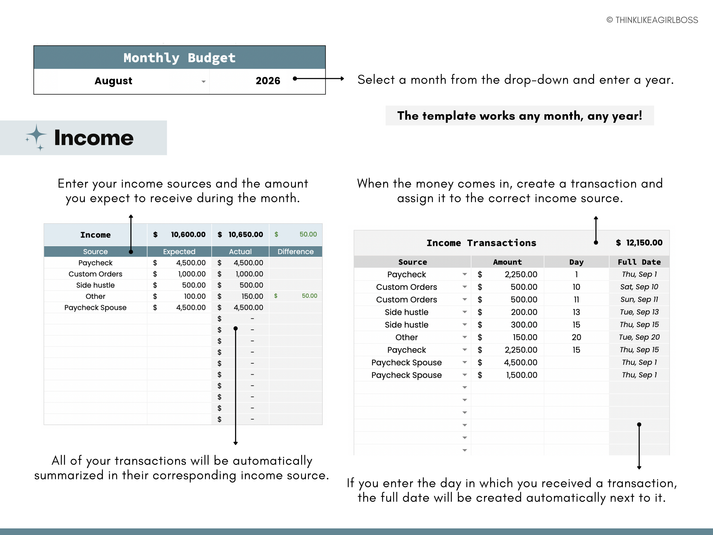 Monthly Budget Spreadsheet - V2 - Blue – Think Like A Girl Boss