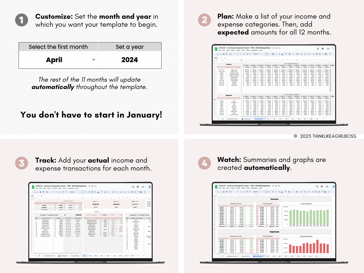 12 Month Income and Expense Tracker - Pink - V1 – Think Like A Girl Boss