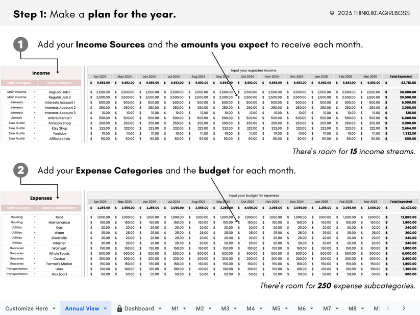 12 Month Income and Expense Tracker - Pink - V1 – Think Like A Girl Boss