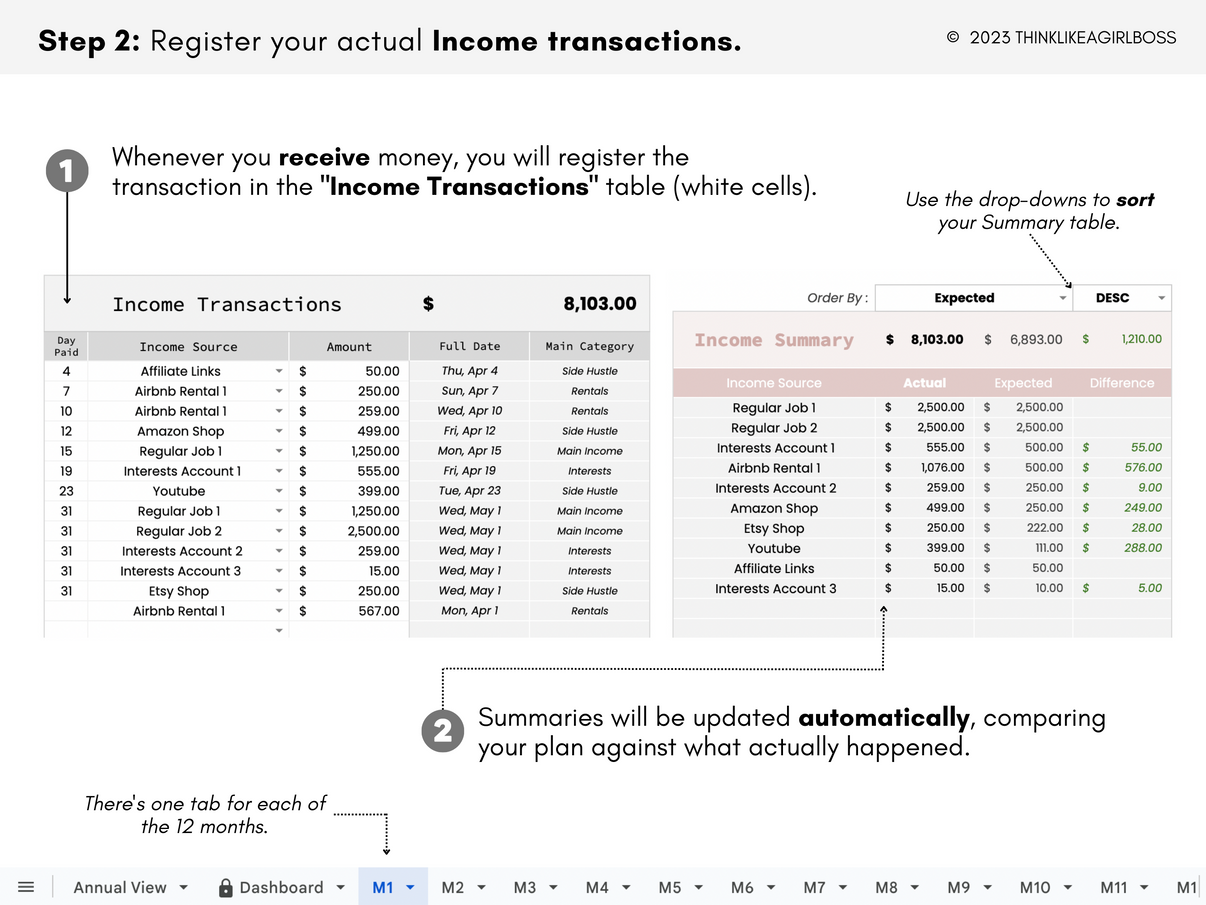 12 Month Income and Expense Tracker - Pink - V1 – Think Like A Girl Boss
