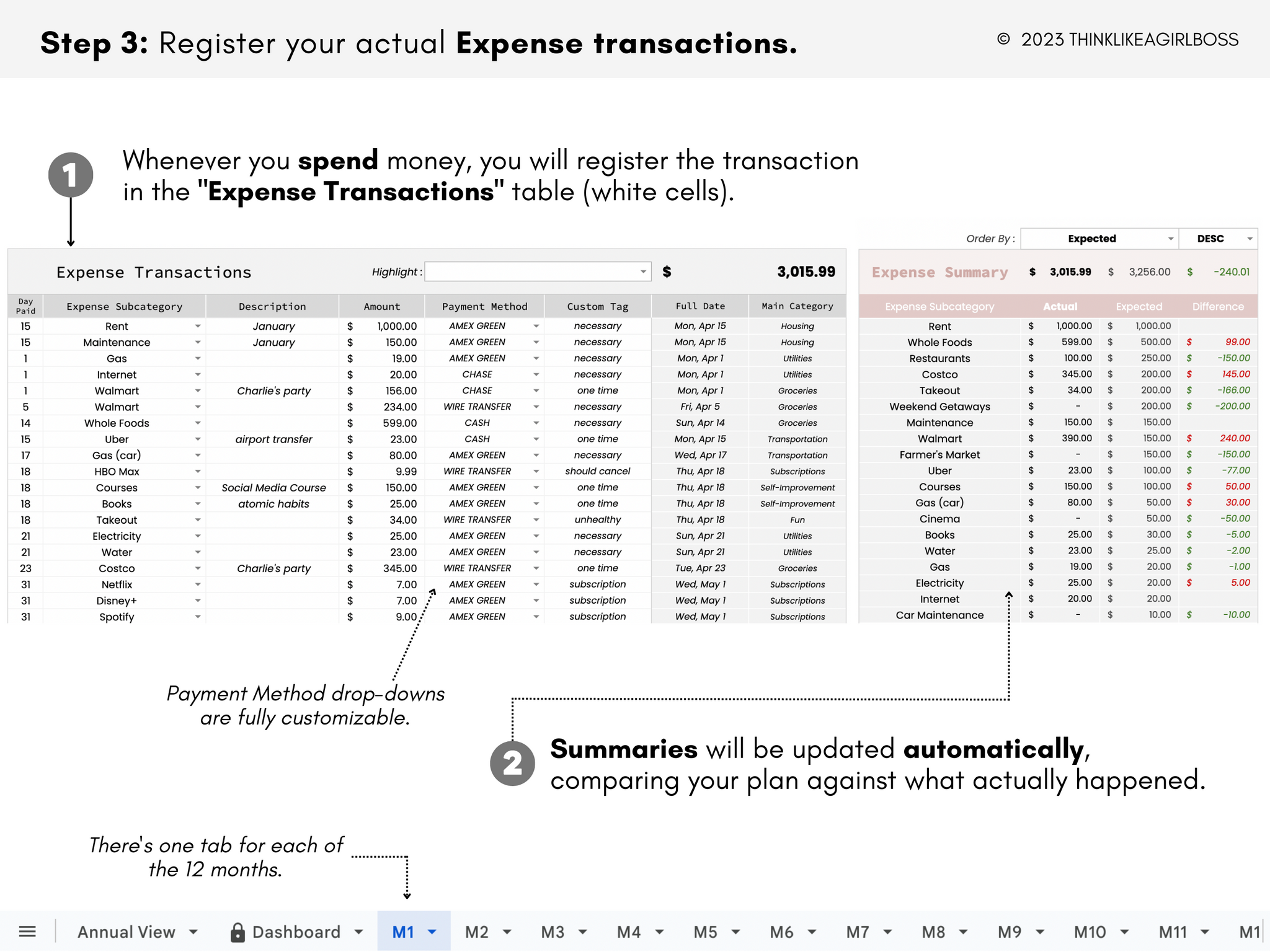 12 Month Income and Expense Tracker - Pink - V1 – Think Like A Girl Boss