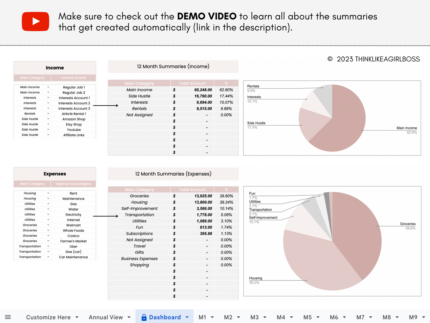12 Month Income and Expense Tracker - Pink - V1 – Think Like A Girl Boss
