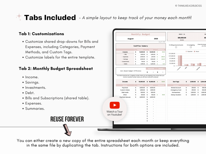 Monthly Budget Spreadsheet - V2 Pink – Think Like A Girl Boss