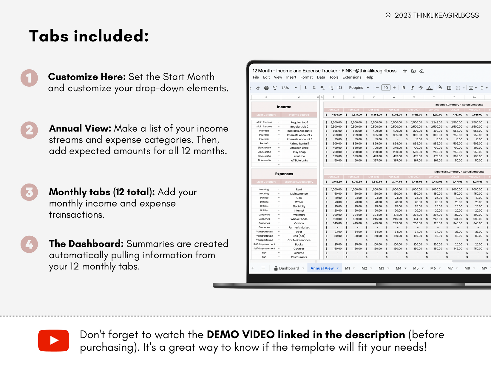 12 Month Income and Expense Tracker - Pink - V1 – Think Like A Girl Boss