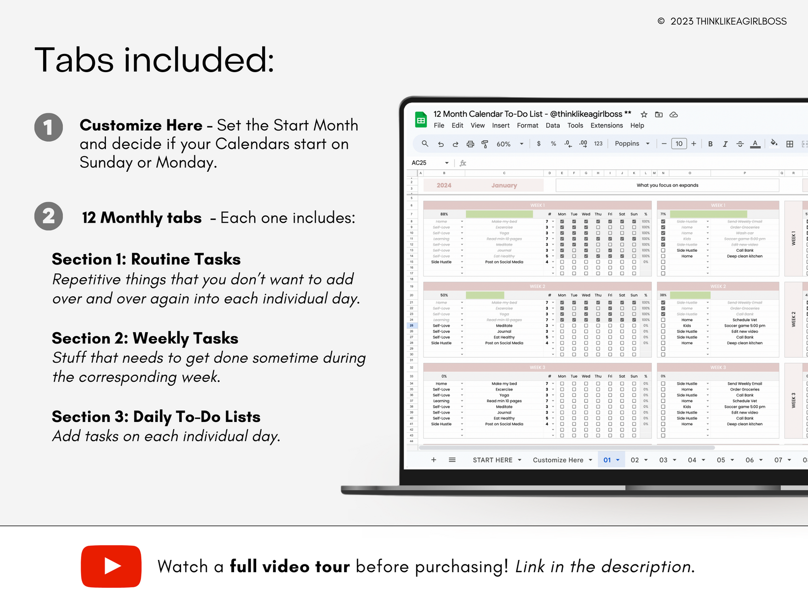 12 Month Calendar To-Do List - V1 Pink – Think Like A Girl Boss