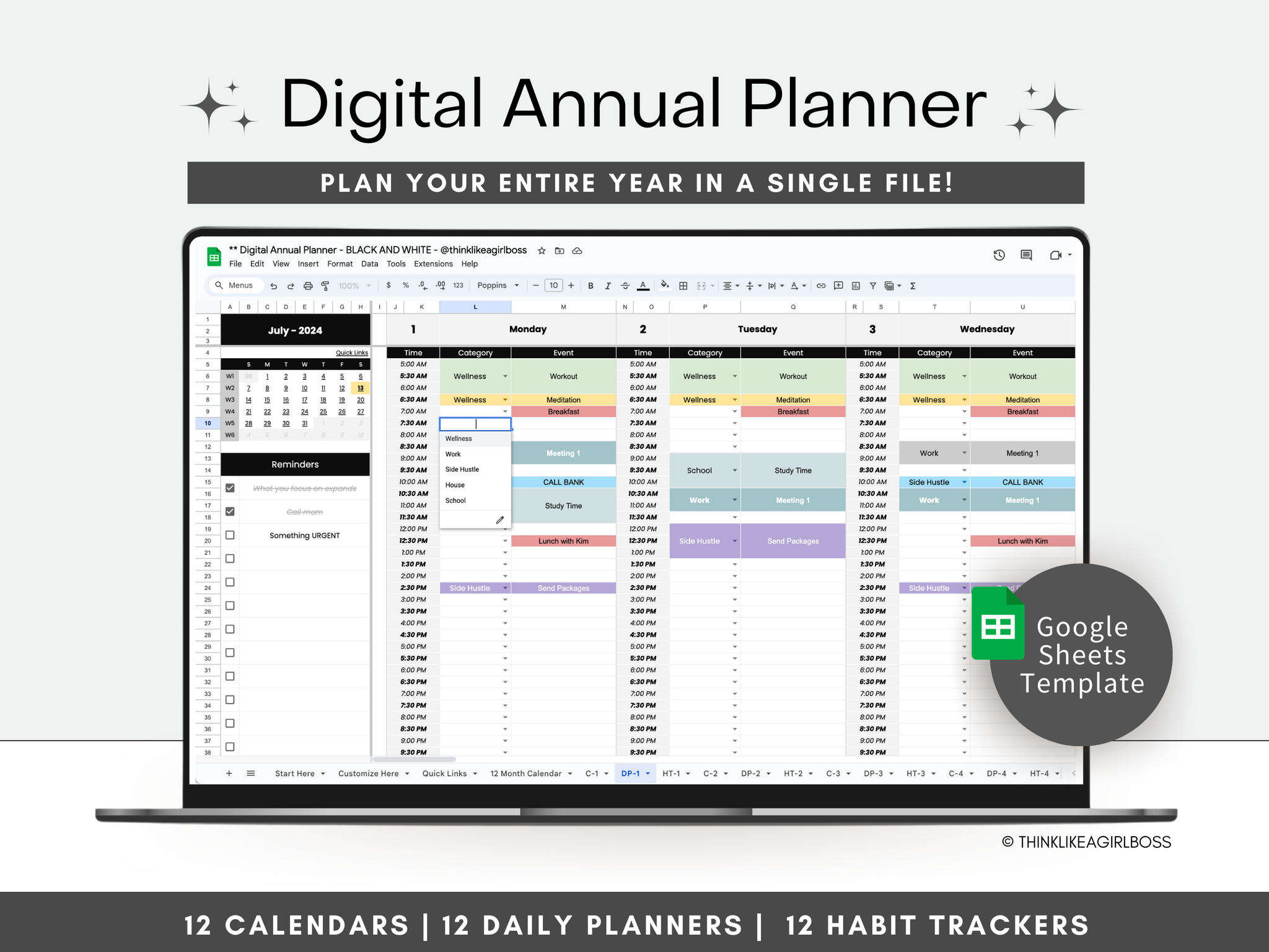 Digital Annual Planner - V1 Black and White – Think Like A Girl Boss