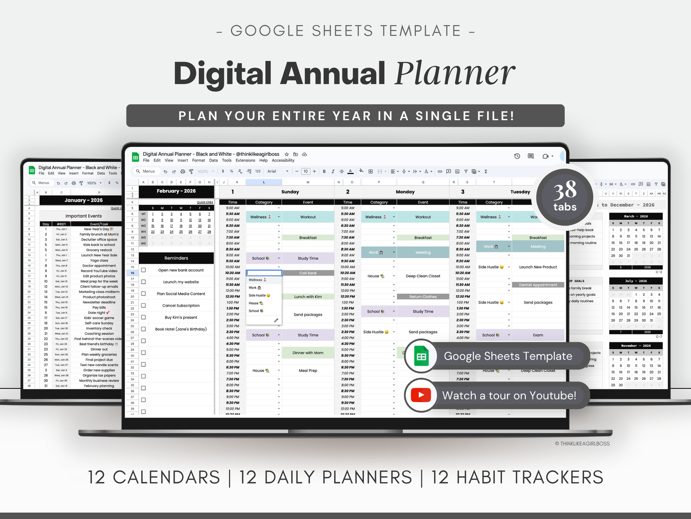 Digital Annual Planner - V1 Black and White – Think Like A Girl Boss