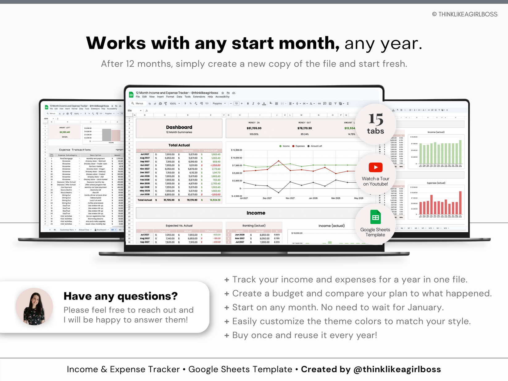12 Month Income and Expense Tracker - Pink - V1 – Think Like A Girl Boss