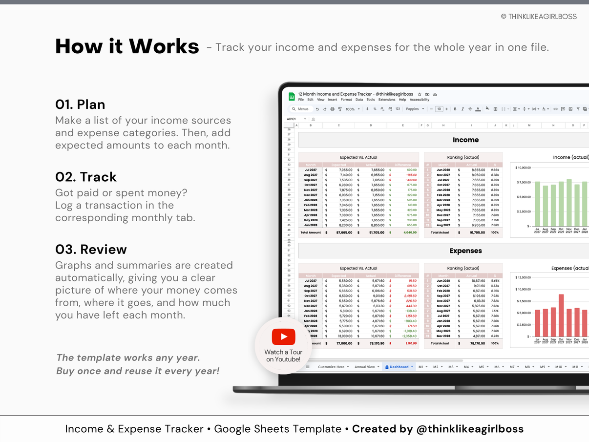12 Month Income and Expense Tracker - Pink - V1 – Think Like A Girl Boss
