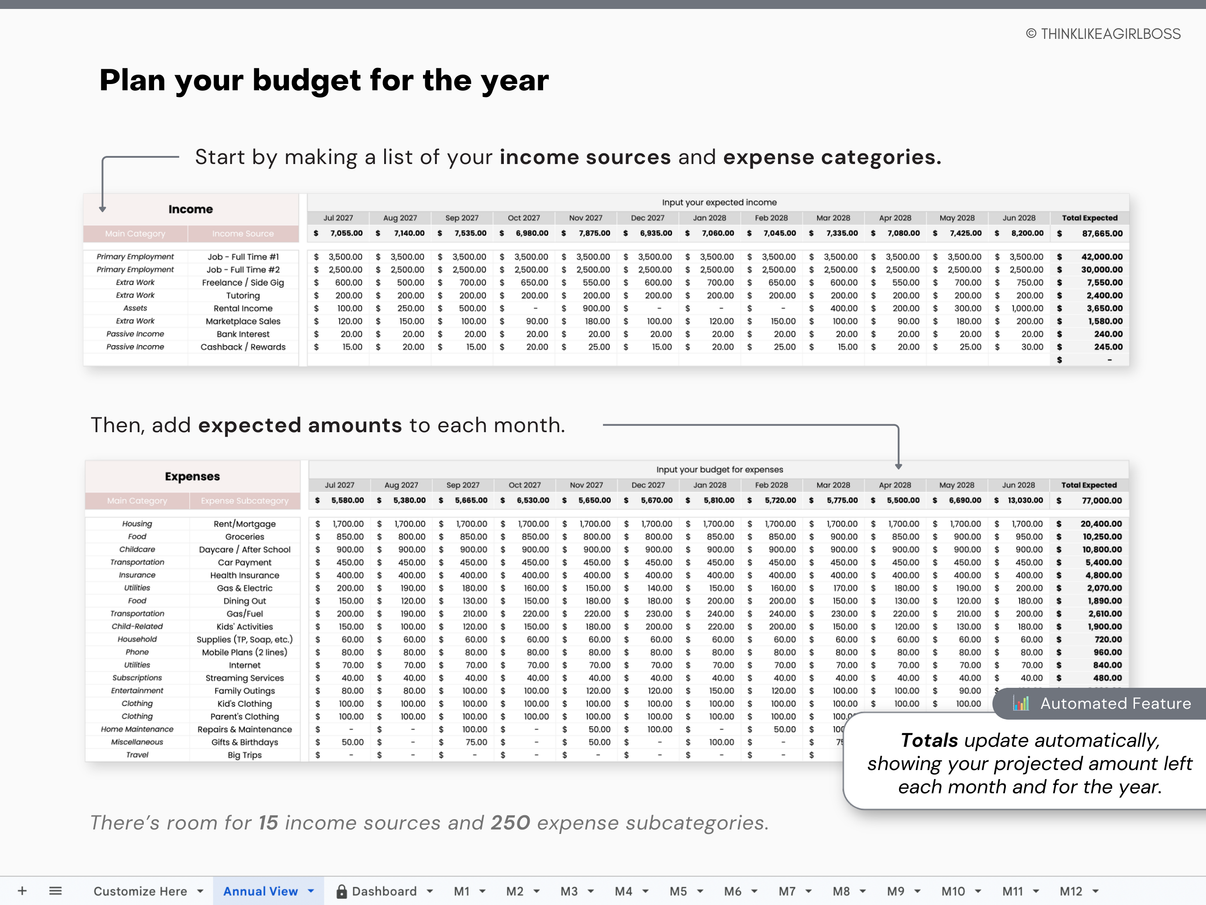 12 Month Income and Expense Tracker - Pink - V1 – Think Like A Girl Boss