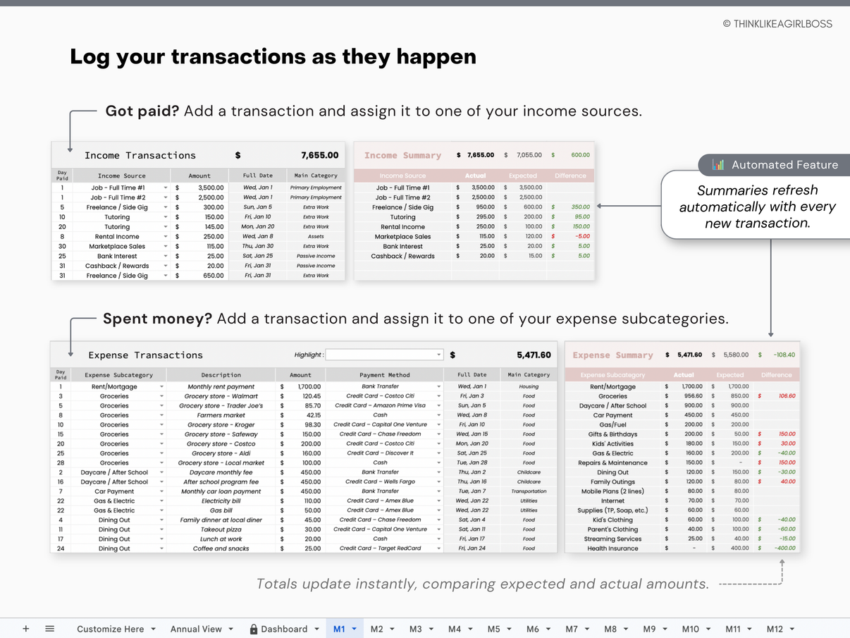 12 Month Income and Expense Tracker - Pink - V1 – Think Like A Girl Boss