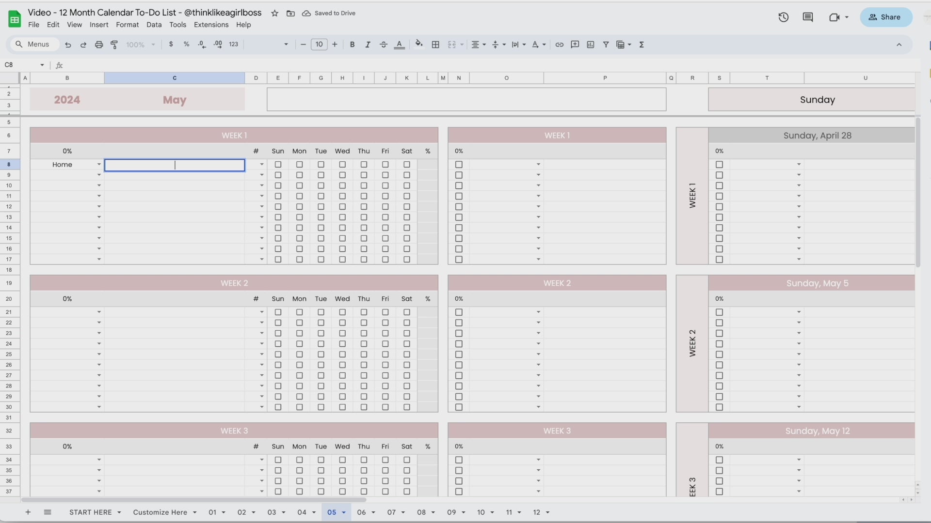 12 Month Calendar To-Do List - V1 Pink – Think Like A Girl Boss