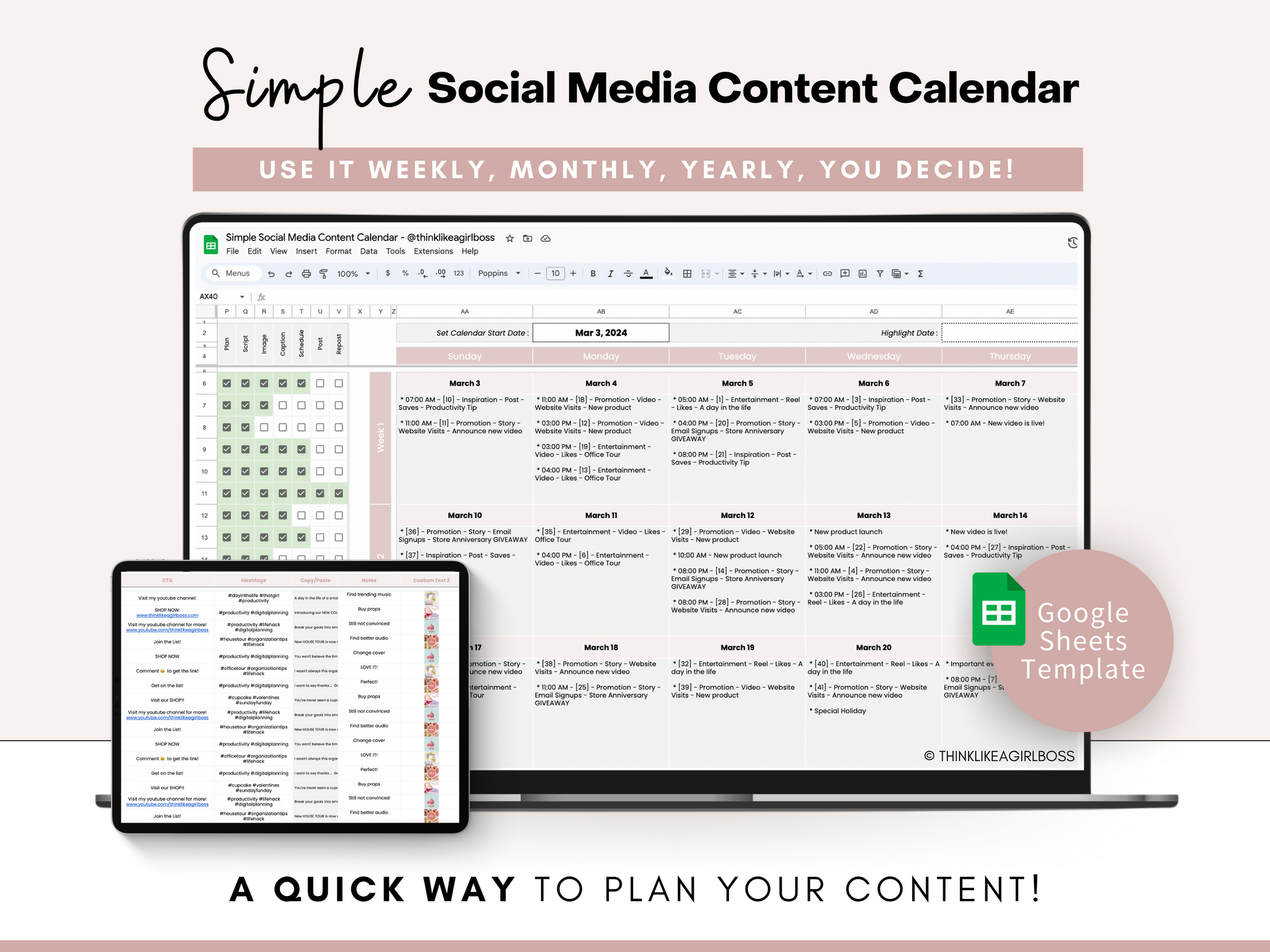 Simple Social Media Content Calendar - V1 Pink – Think Like A Girl Boss