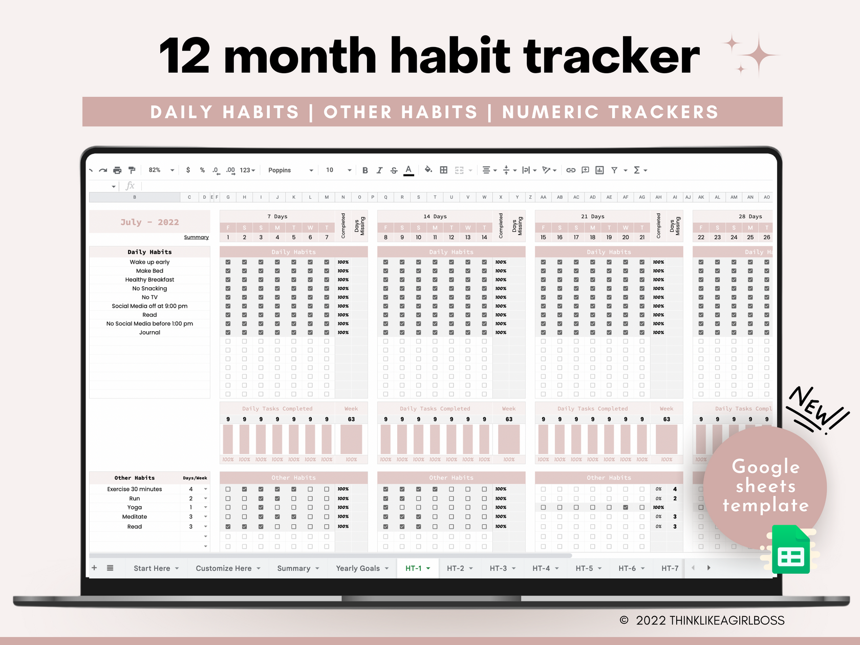 Habit Tracker - 12 Months - V2 Pink – Think Like A Girl Boss