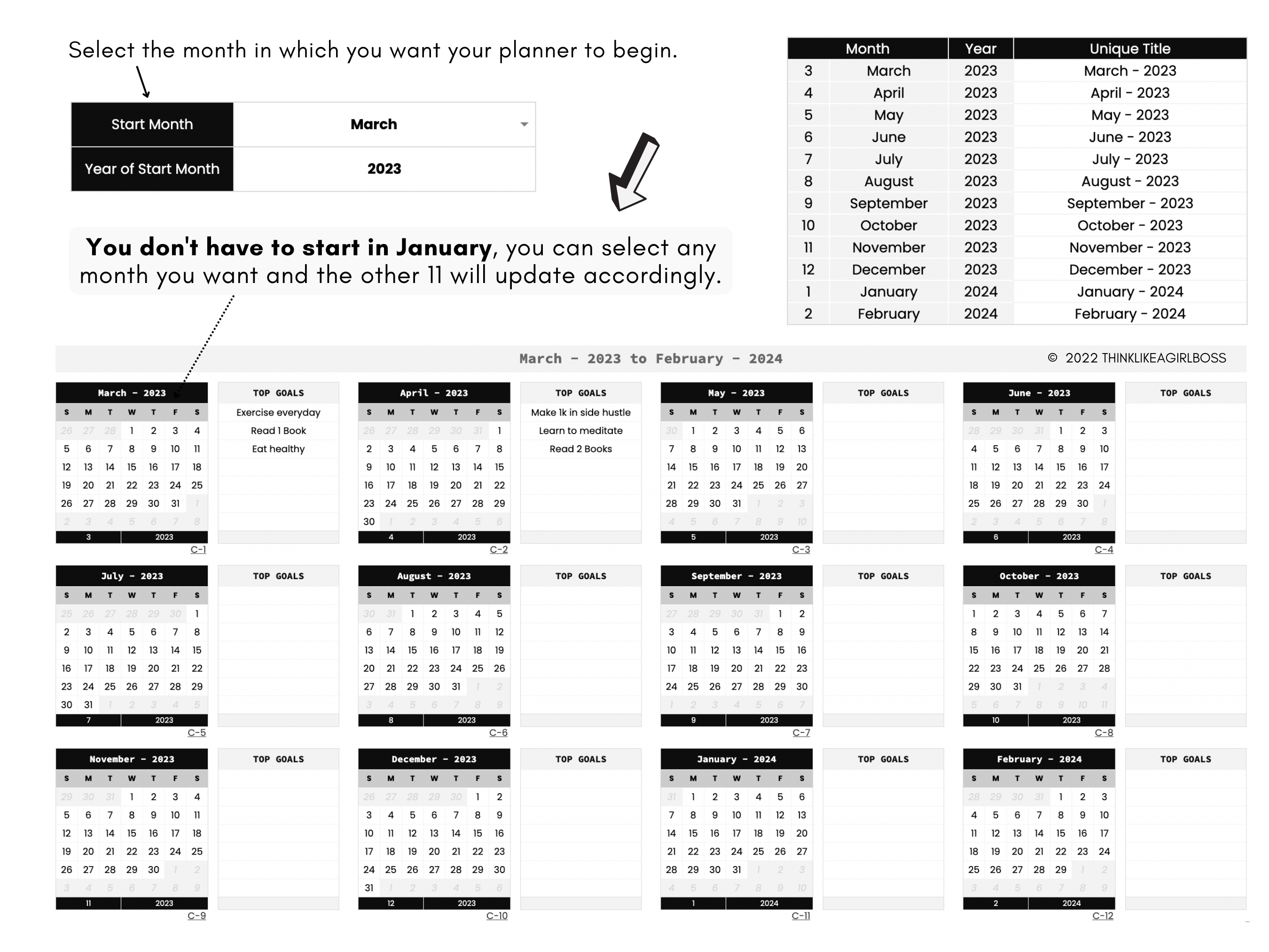 Digital Annual Planner - V1 Black and White – Think Like A Girl Boss