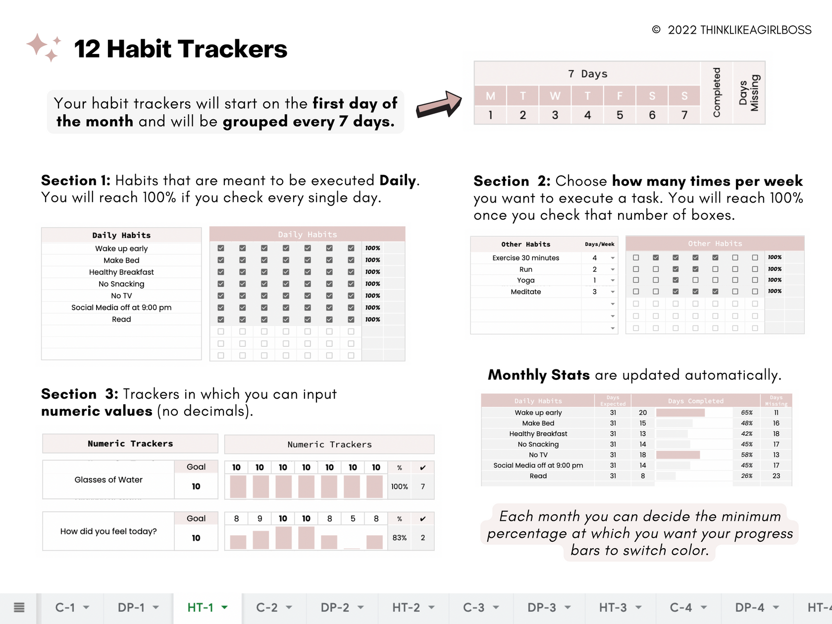 Habit Tracker - 12 Months - V2 Pink – Think Like A Girl Boss