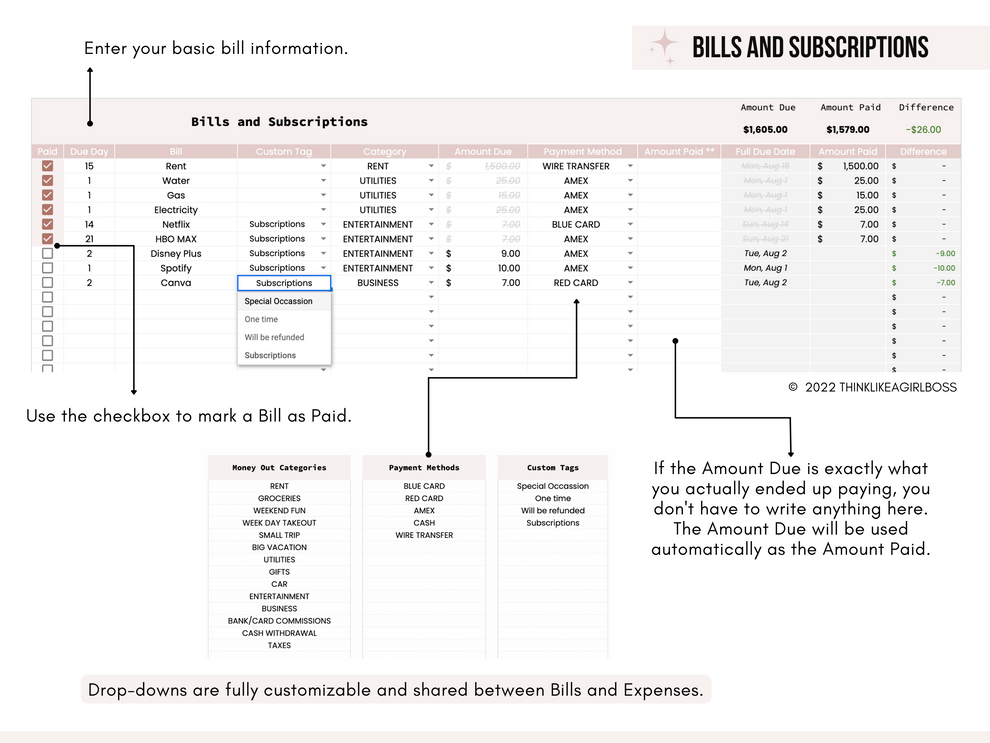 Monthly Budget Spreadsheet - V2 Pink – Think Like A Girl Boss